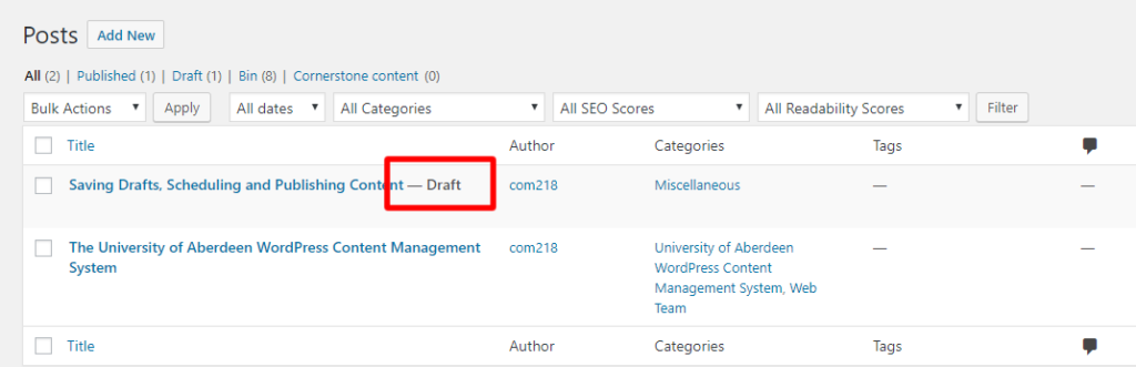 Drafting, Scheduling and Publishing Content - WordPress Documentation